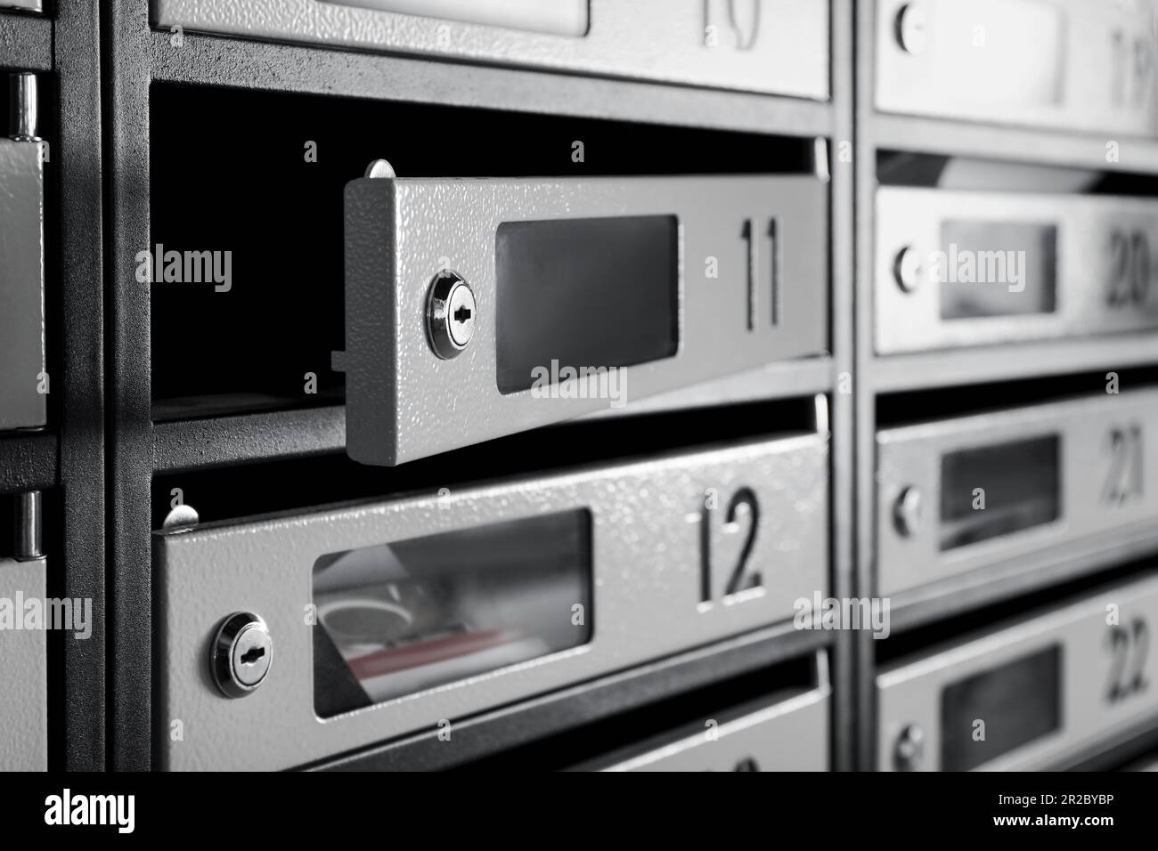 Open empty mailbox with keyhole and number, closeup Stock Photo - Alamy