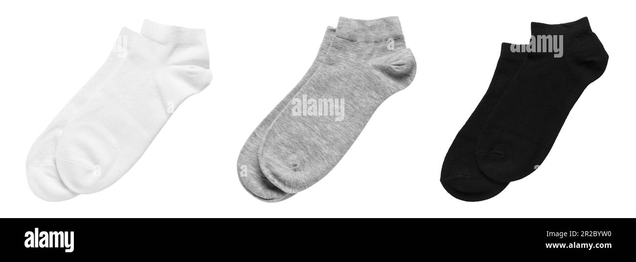 Set with different socks on white background. Banner design Stock Photo ...