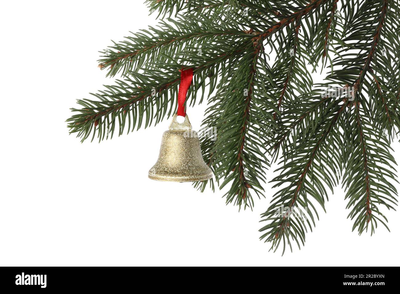 Christmas bell hanging on fir tree branch against white background ...