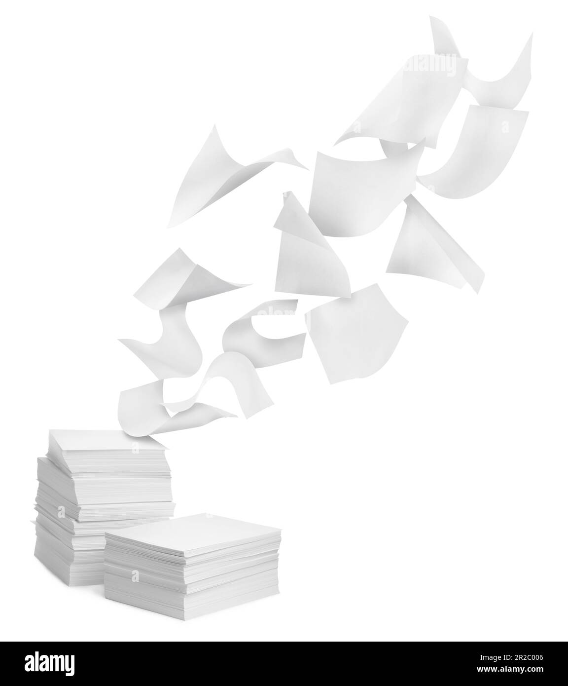 Sheets of paper falling onto stacked ones on white background Stock ...