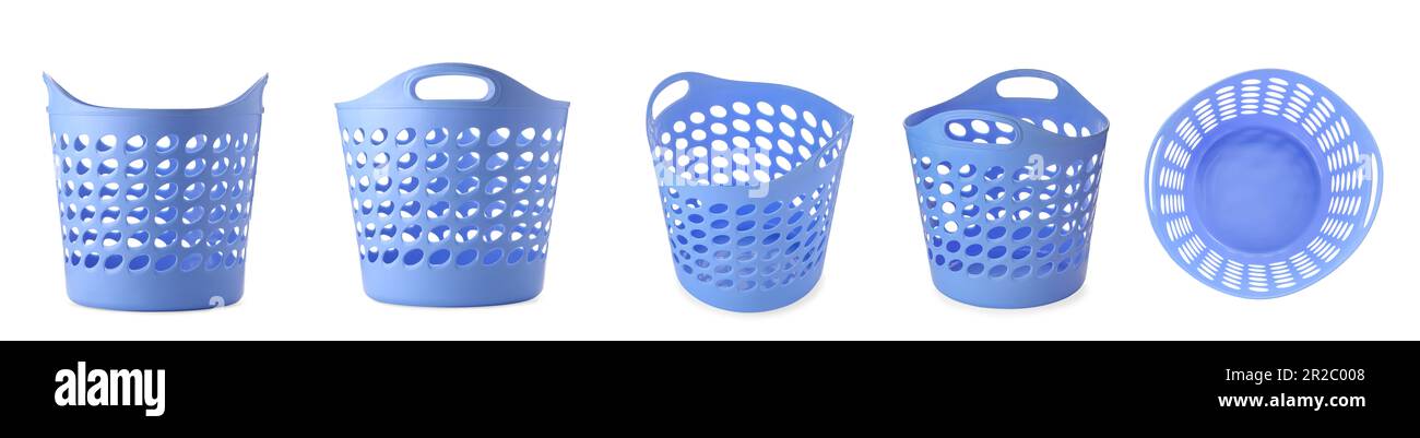 Light blue laundry basket on white background, view from different ...