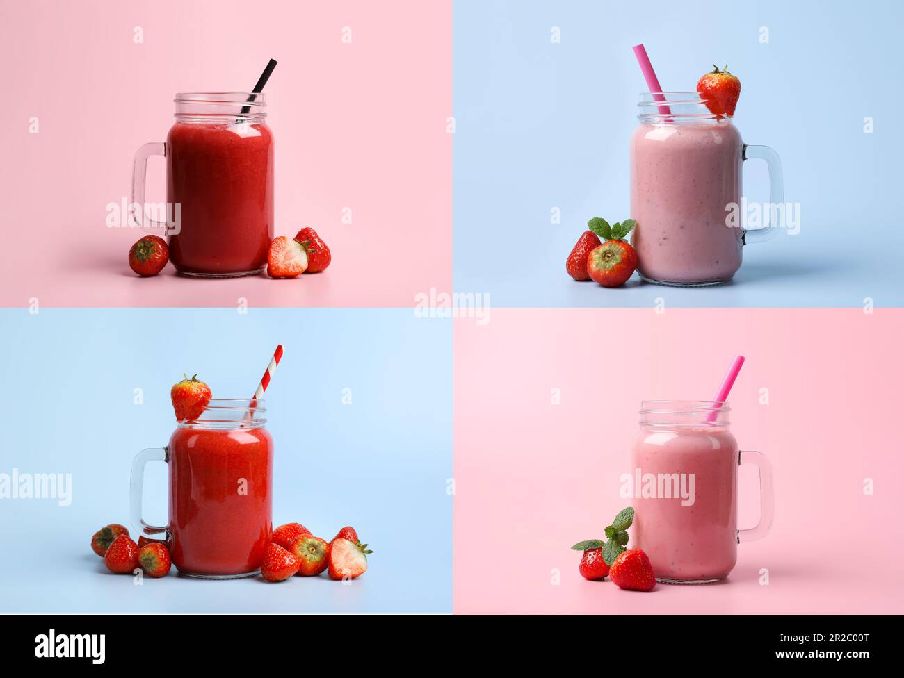 Collage with strawberry smoothies on pink and light blue backgrounds ...