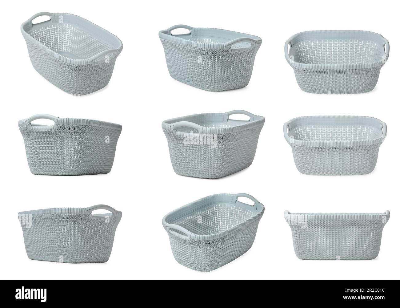 Plastic laundry basket on white background, view from different sides ...