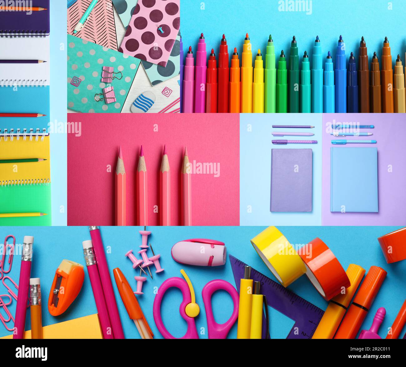Collage with photos of various school stationery on different color ...