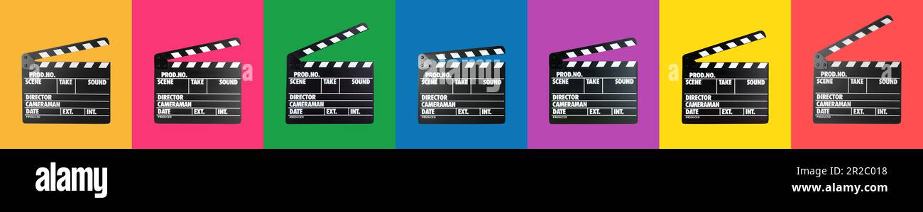 Set with clapperboards on different color backgrounds. Banner design ...