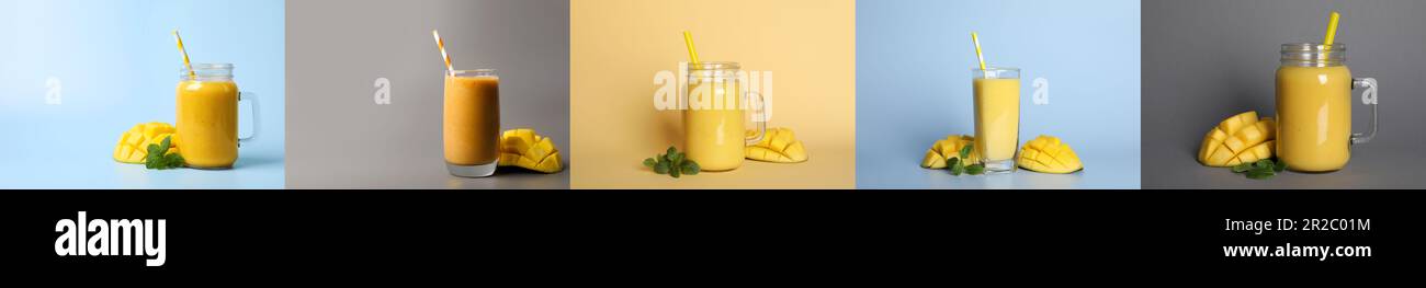 Collage with mango smoothie on different color backgrounds. Banner ...