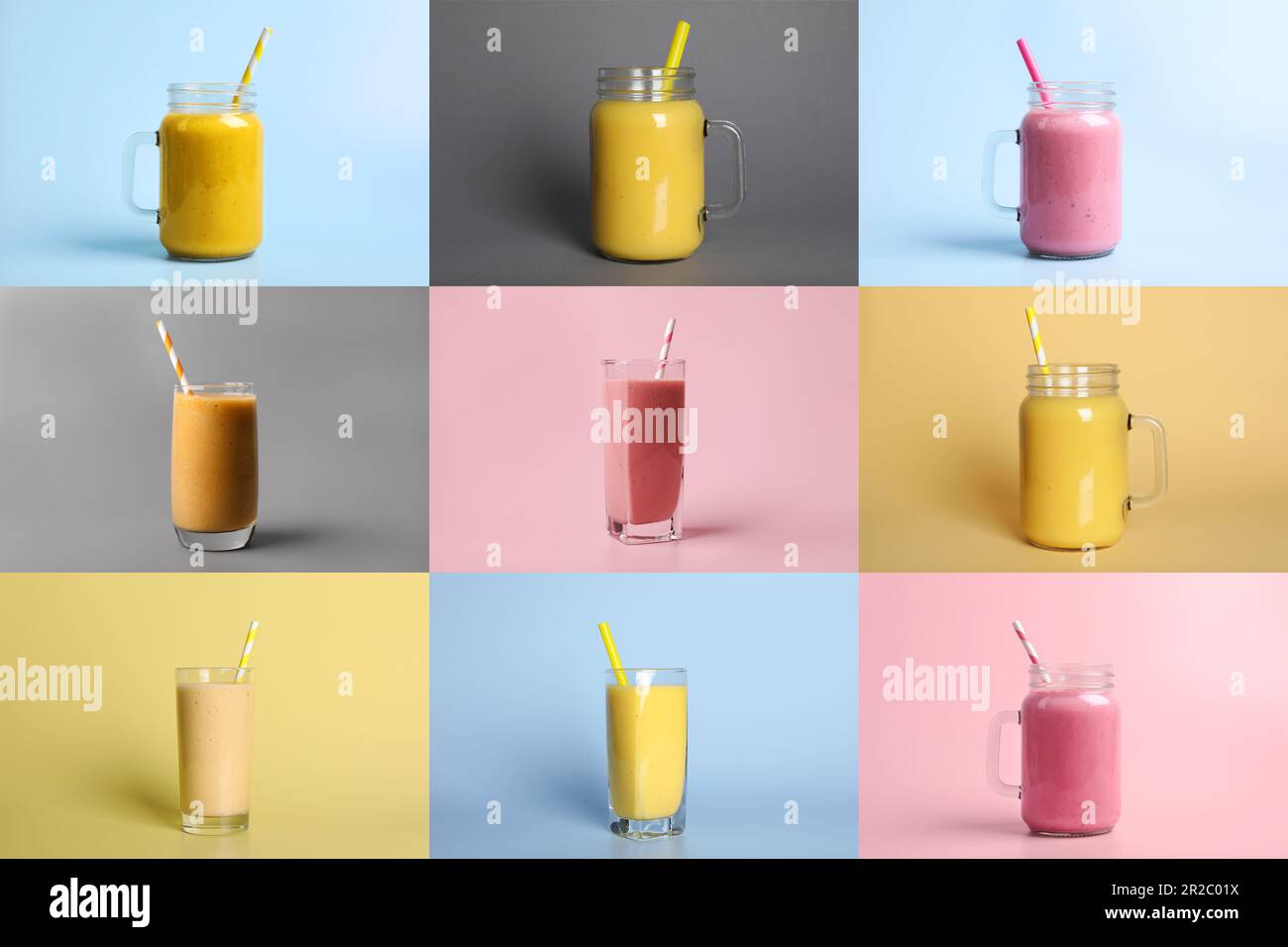 Collage with various smoothies on different color backgrounds Stock ...