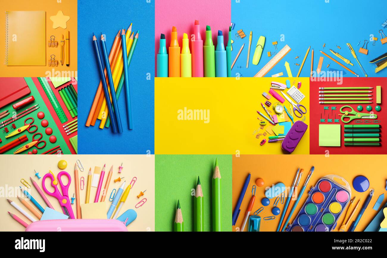 Collage with photos of various school stationery on different color ...