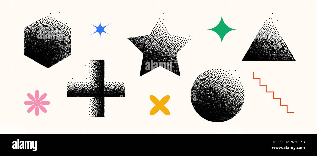 Set of dissolving shapes. Fading cross, hexagon, star, triangle, circle ...