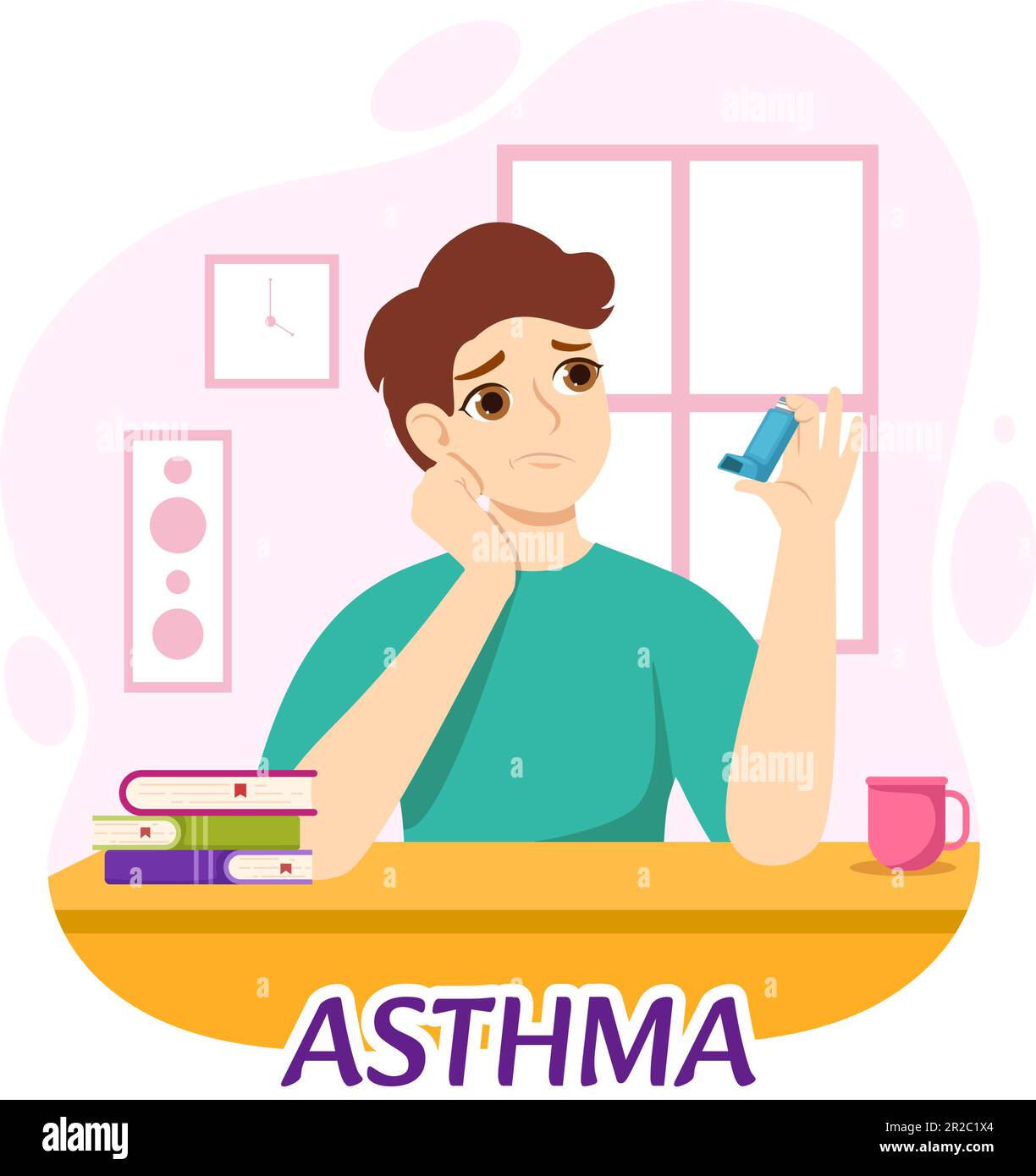 Study Cartoon Asthma Little Boy Suffering From Asthma Using An Inhaler