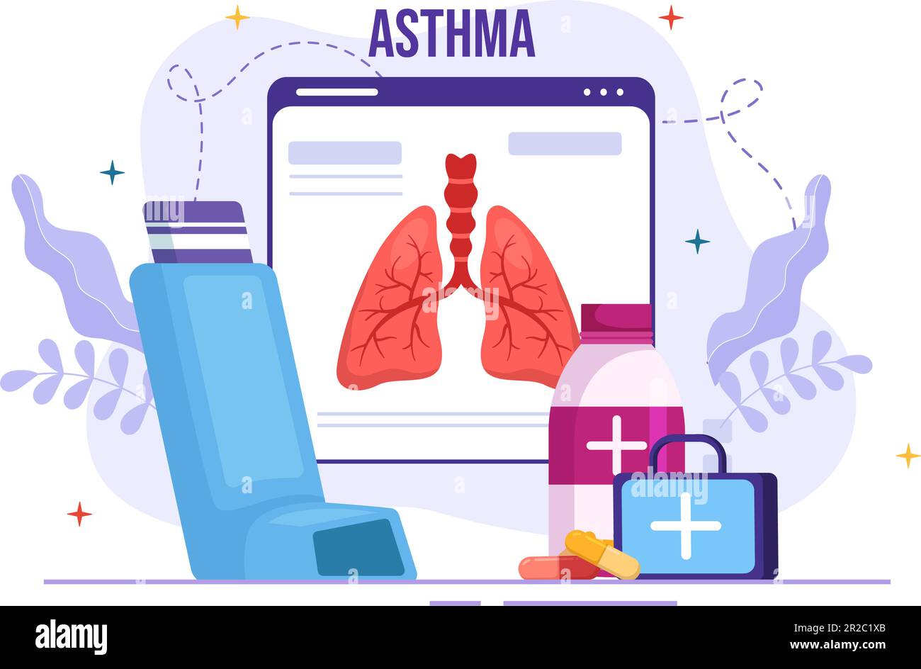 Asthma Disease Vector Illustration with Human Lungs and Inhalers for ...