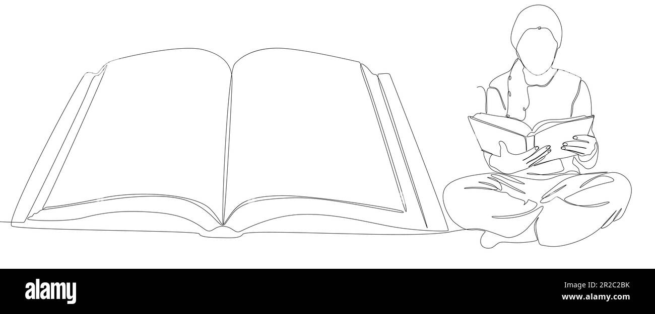 One continuous line of Book with girl reading. Thin Line Illustration ...