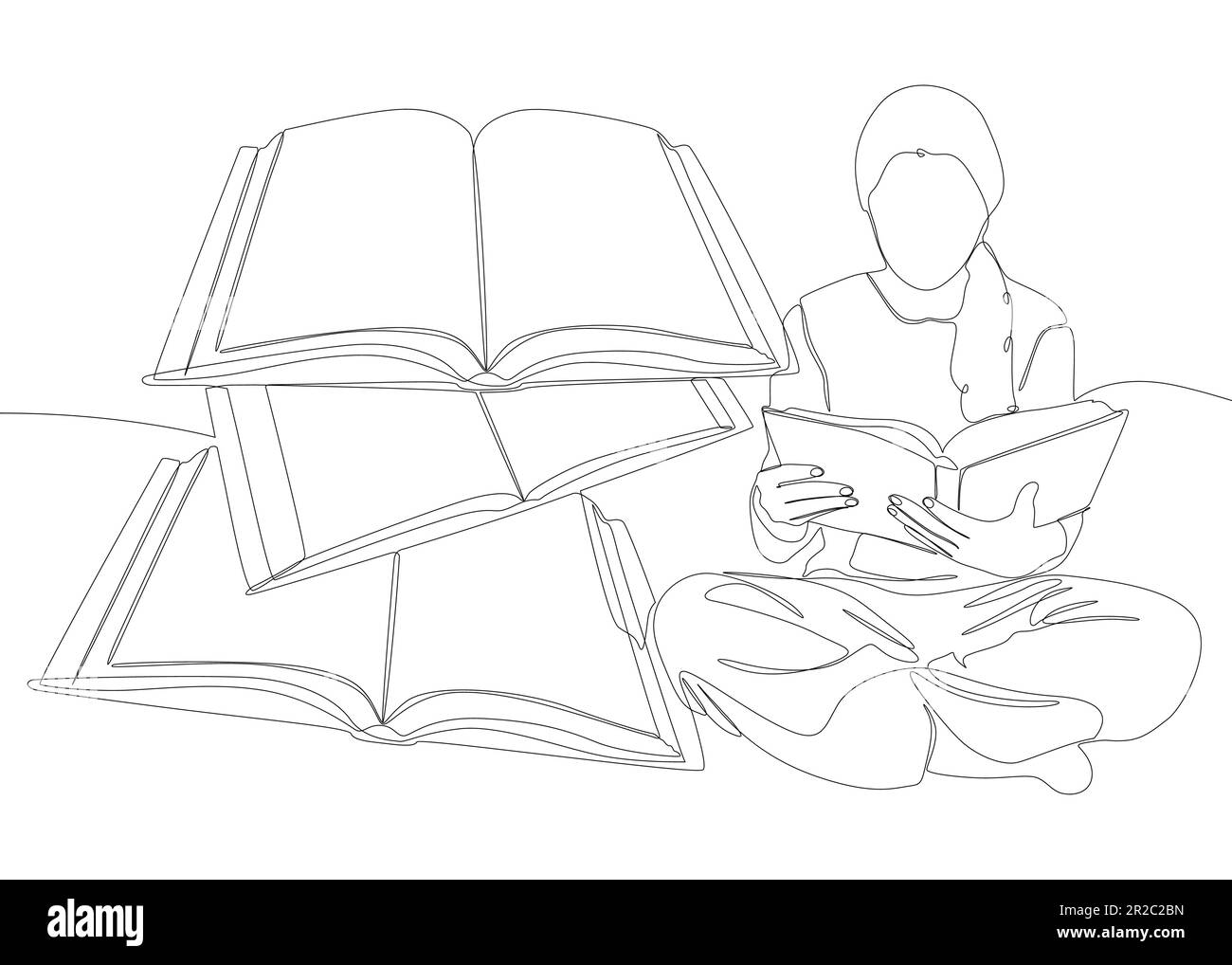 One continuous line of Book with girl reading. Thin Line Illustration ...
