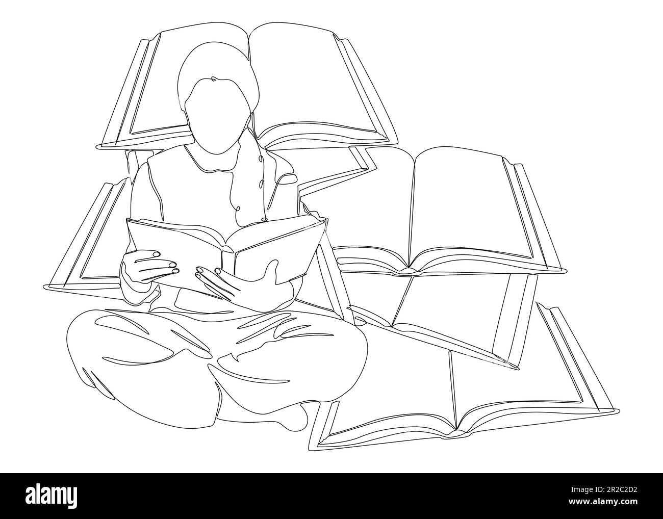 One continuous line of Book with girl reading. Thin Line Illustration ...