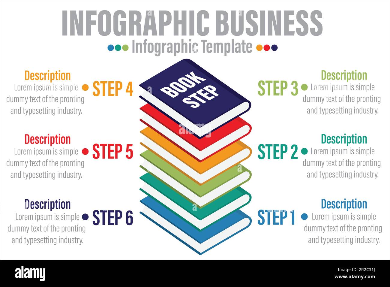 3D books infographic vector illustration. 6 steps business process ...