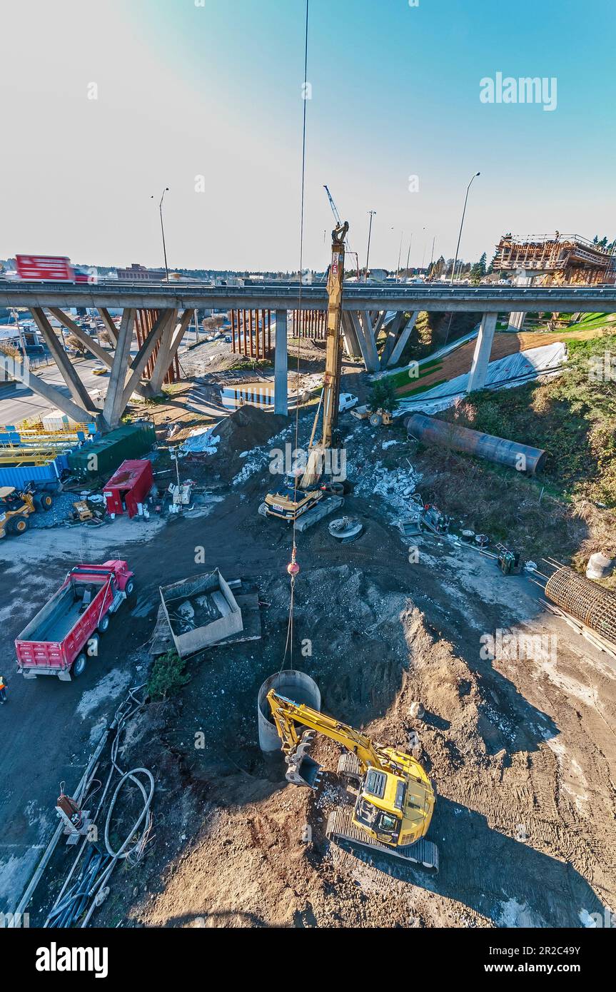 Construction site for highway ramp as seen from a man lift Stock Photo ...