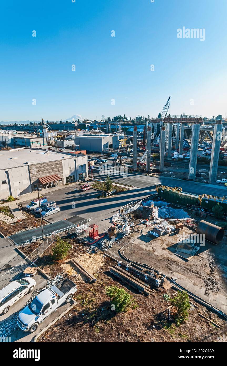 Construction site for highway ramp as seen from a man lift Stock Photo ...