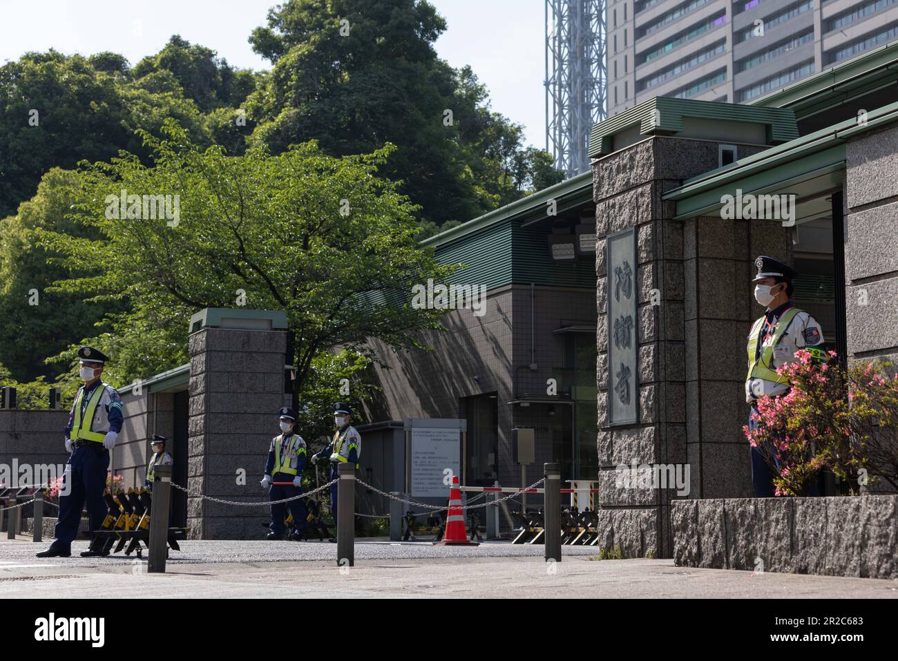 Tokyo, Japan. 18th May, 2023. Guards on duty seen at the main entrance ...