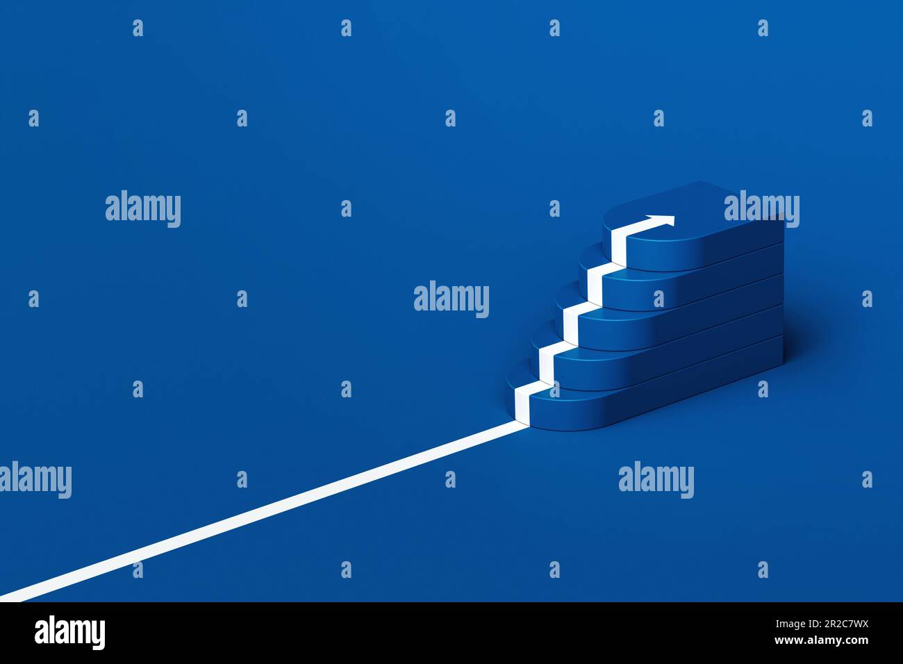 White arrow following the stair of growth on blue background, white ...