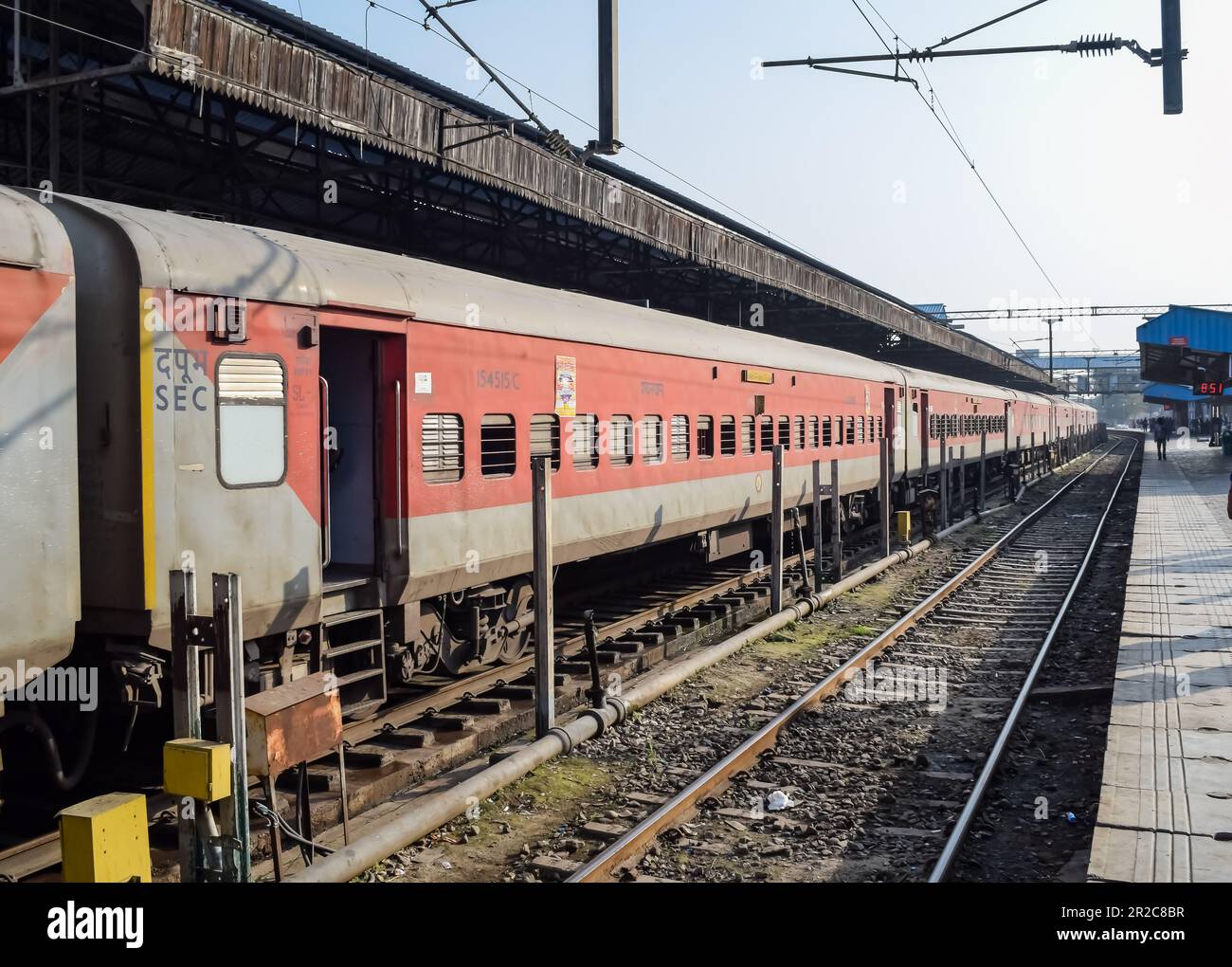 Indian railway train at Amritsar railway station platform during ...