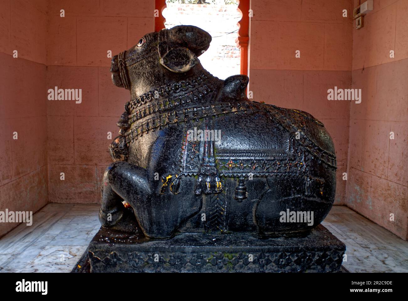 Sculpture of a Nandi bull Hindu religious symbol at Omkareshvar Temple ...