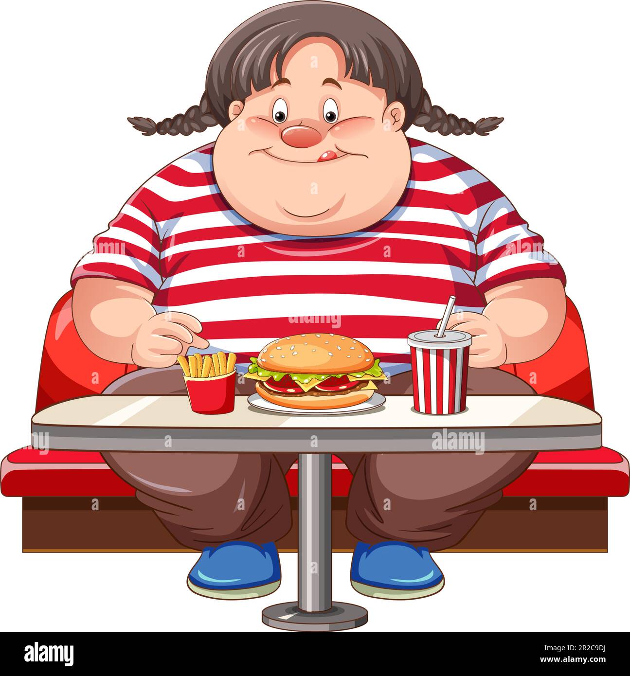 Overweight woman eating fast food at the restaurant isolated ...