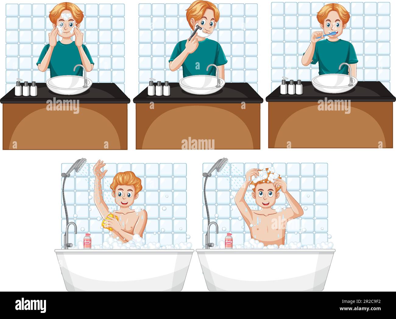 Set of male teen doing self care cleaning routine illustration Stock ...