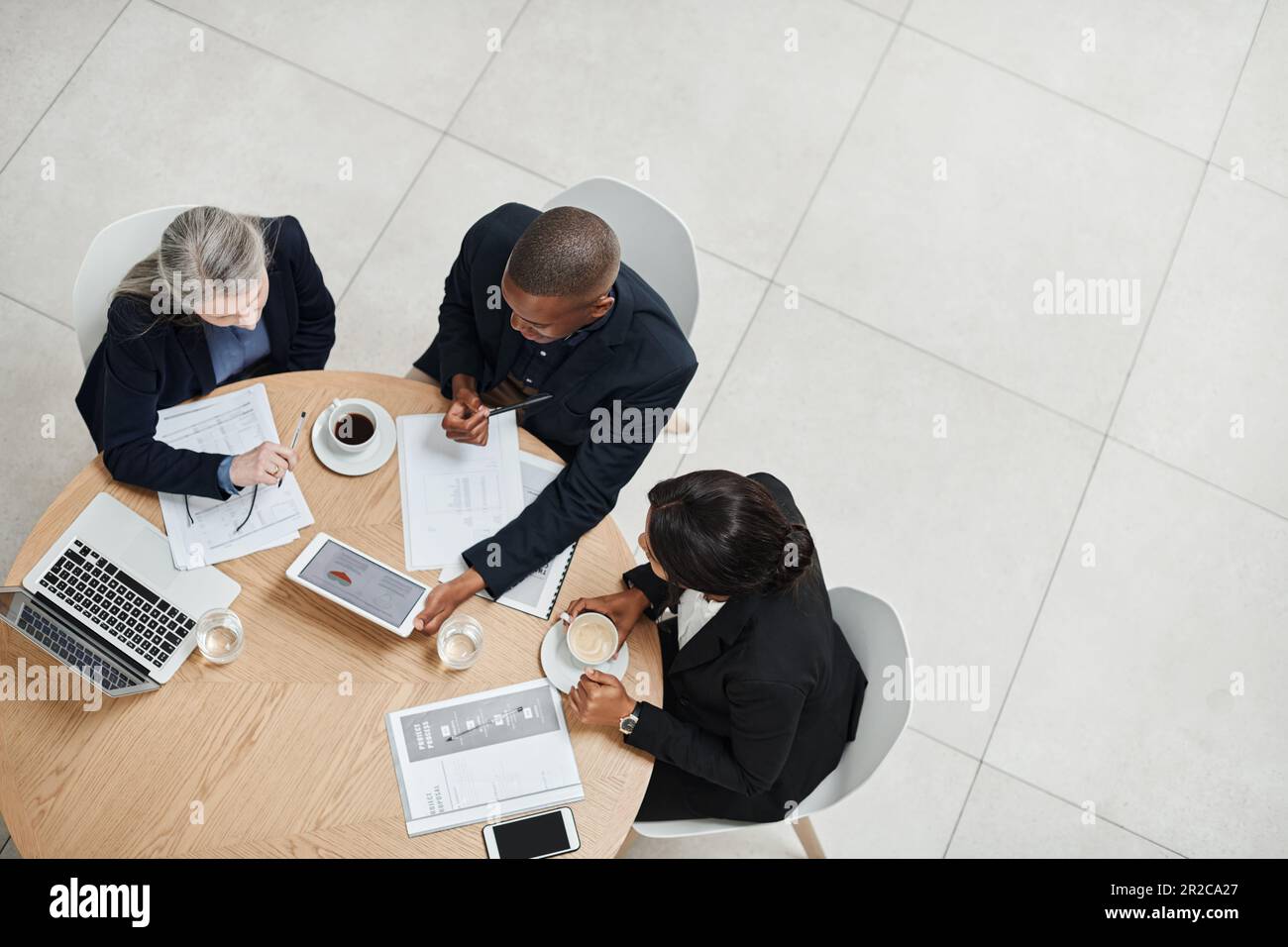 Top view, staff and employees brainstorming, collaboration and planning ...