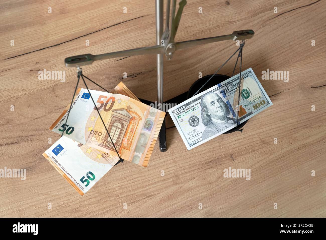 dollar and euro on scales on white background. the concept of equality ...