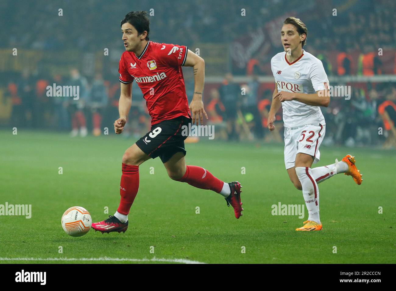 Cologne, Deutschland. 18th May, 2023. Sardar AZMOUN (Bayer 04 Leverkusen, #9), Edoardo BOVE (AS ...