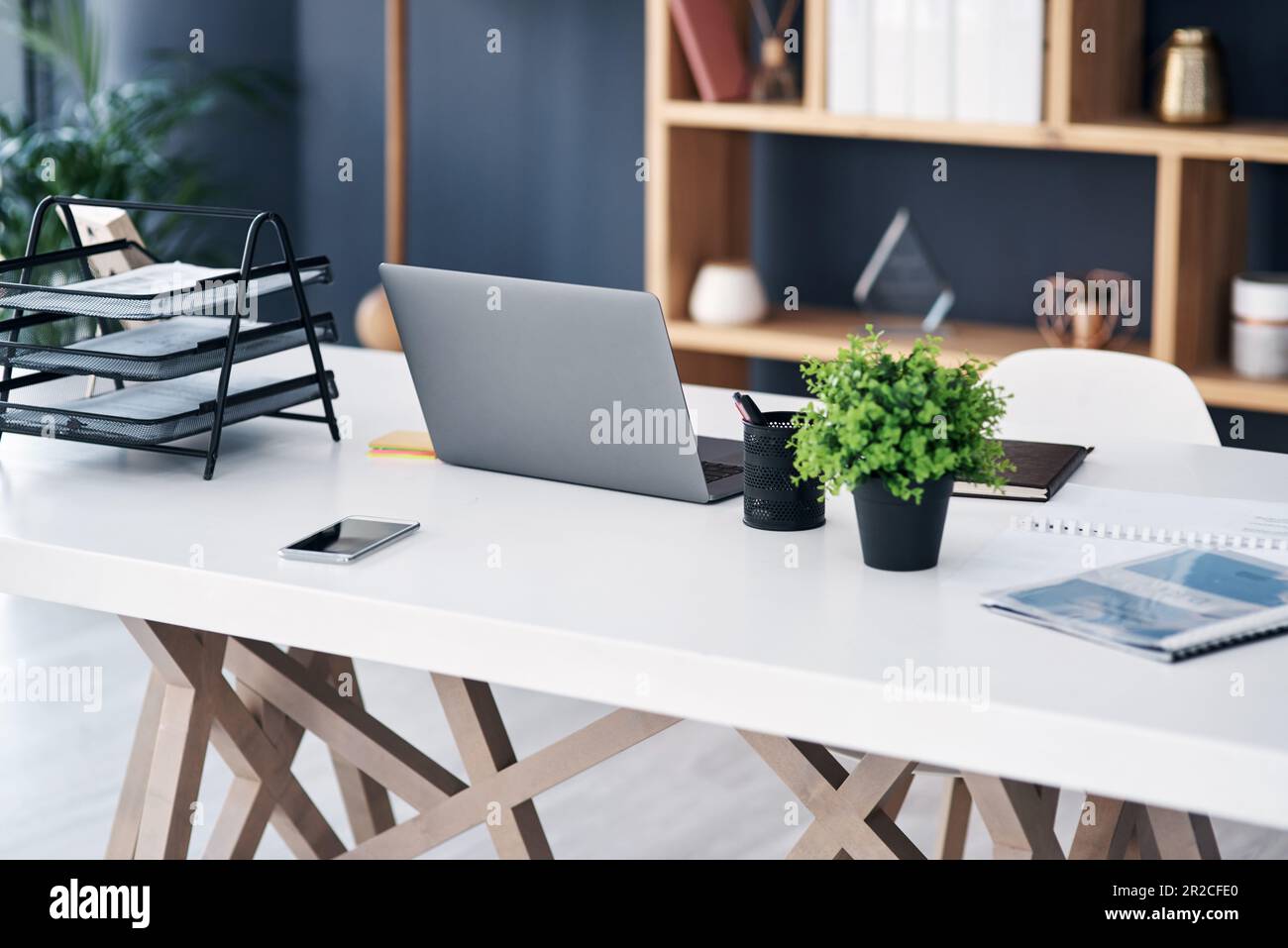 Office desk, business workspace and laptop with professional setup at ...