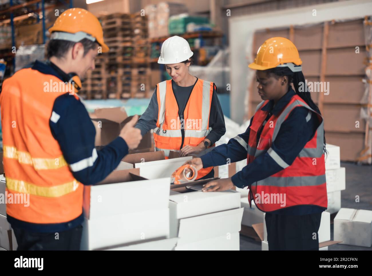 Warehouse workers organize products by size, shape, category. Handle ...