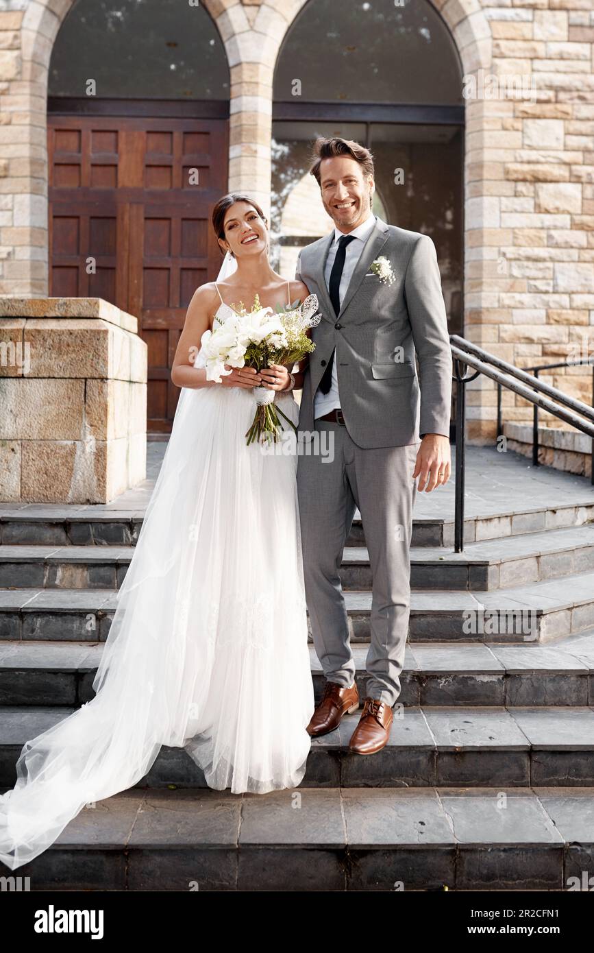 Church steps, wedding and portrait with a married couple standing ...