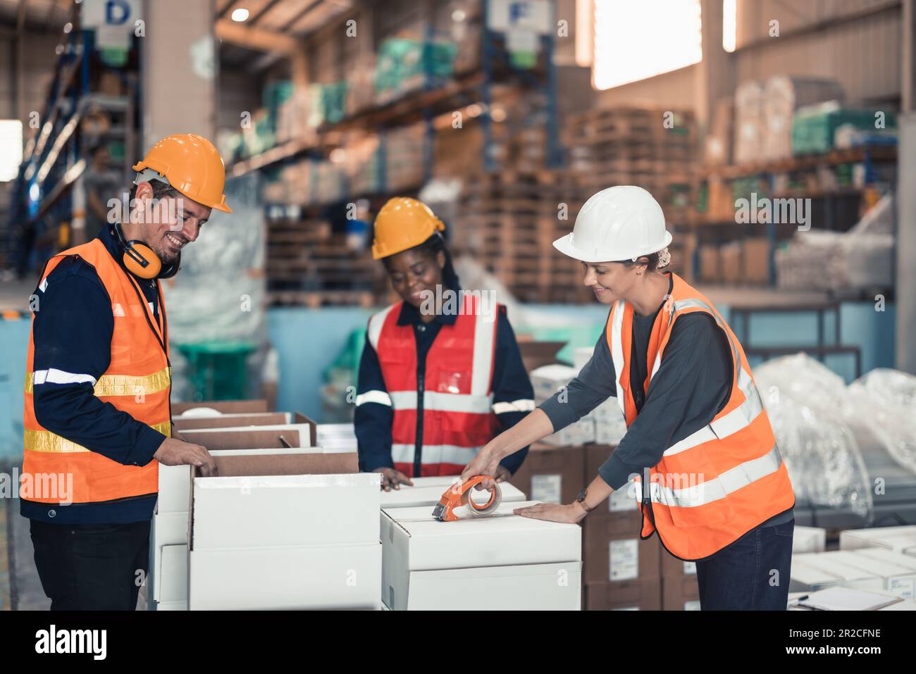 Warehouse workers organize products by size, shape, category. Handle ...