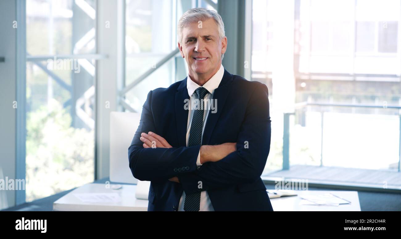 Portrait, smile and business man with arms crossed in office workplace ...