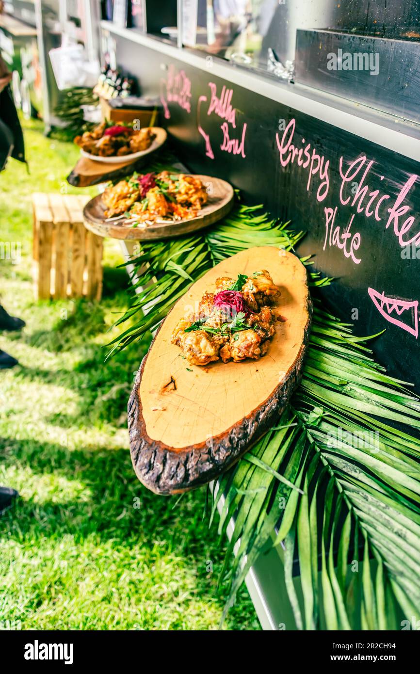 Street food festival with food trucks, people ordering international ...