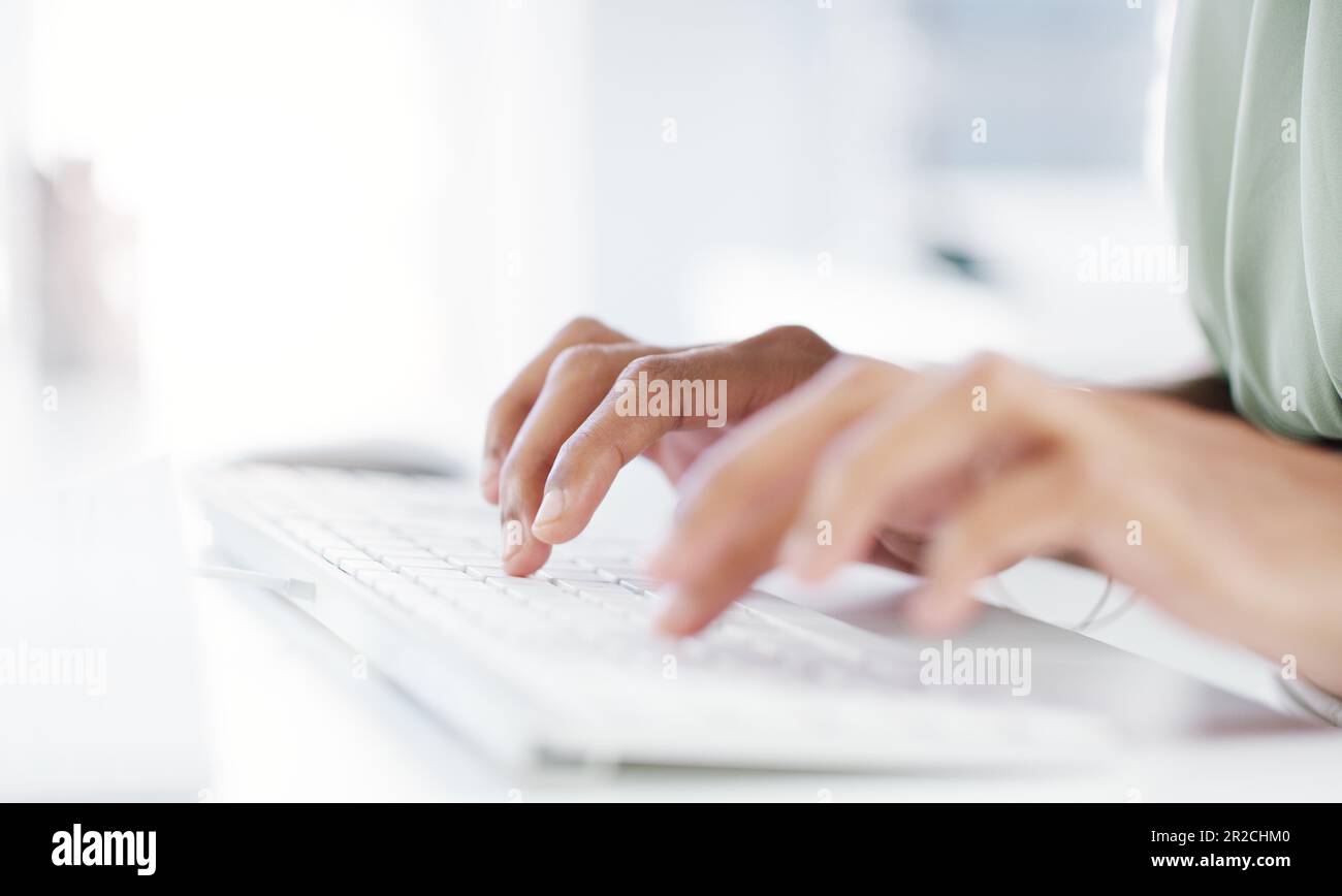 Hands, typing and keyboard with computer, woman and planning with ...