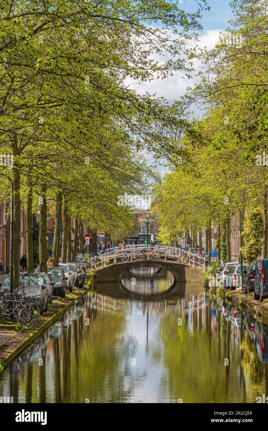 Delft, The Netherlands - April 26, 2023: Old Delft canal in spring with ...
