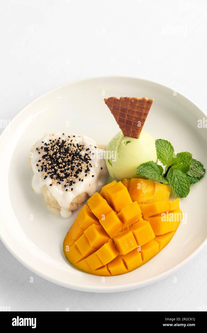 Mango with Sticky Rice and Pandan ice cream Thai famous dessert Stock ...