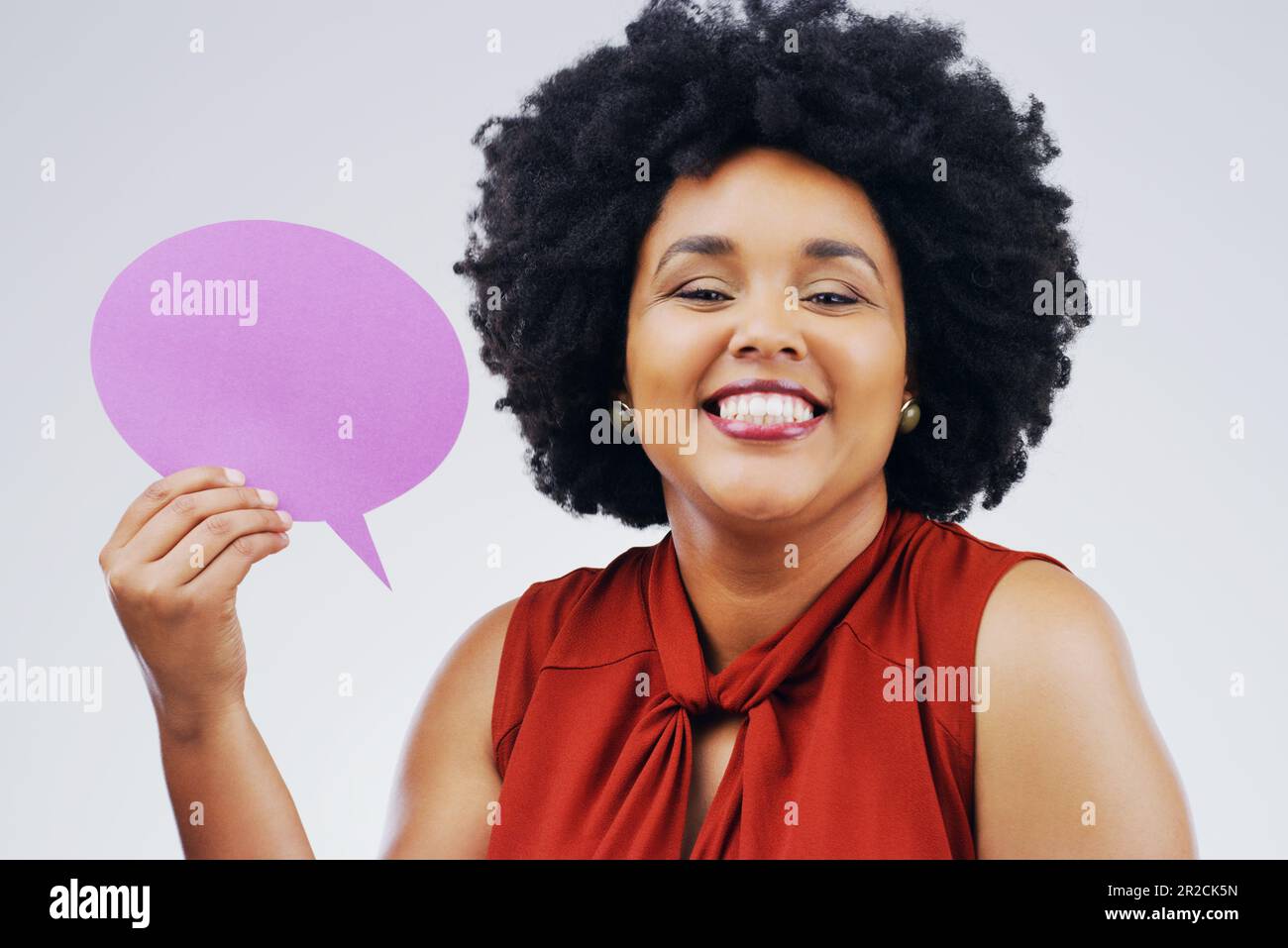 Happy woman, portrait smile and holding speech bubble for question, FAQ ...