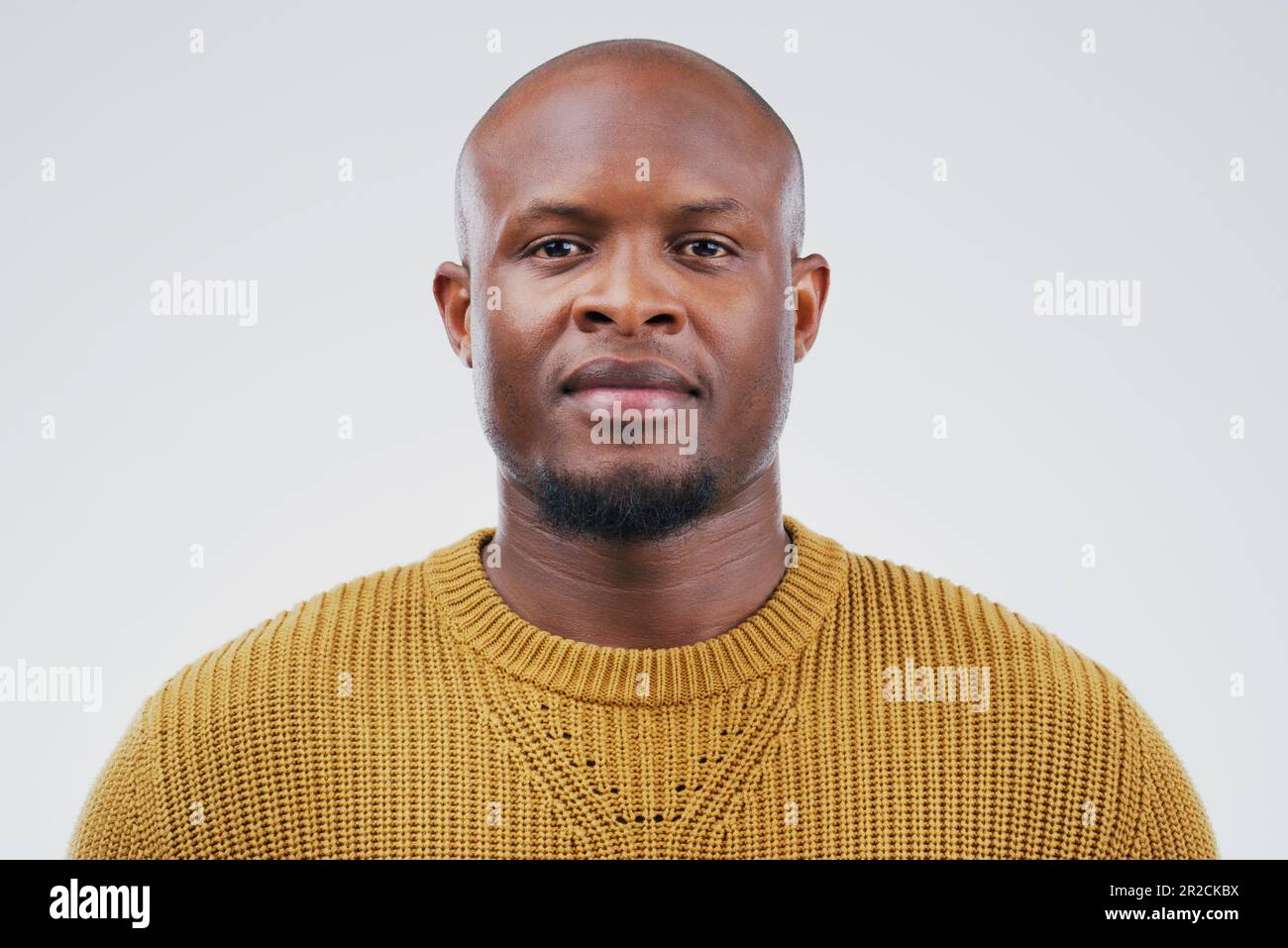 Face portrait, serious and black man in studio isolated on a white ...
