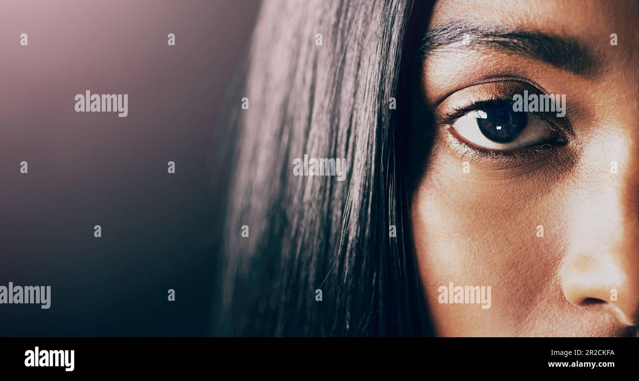 Portrait, closeup and woman with mockup, eye and health against a dark ...