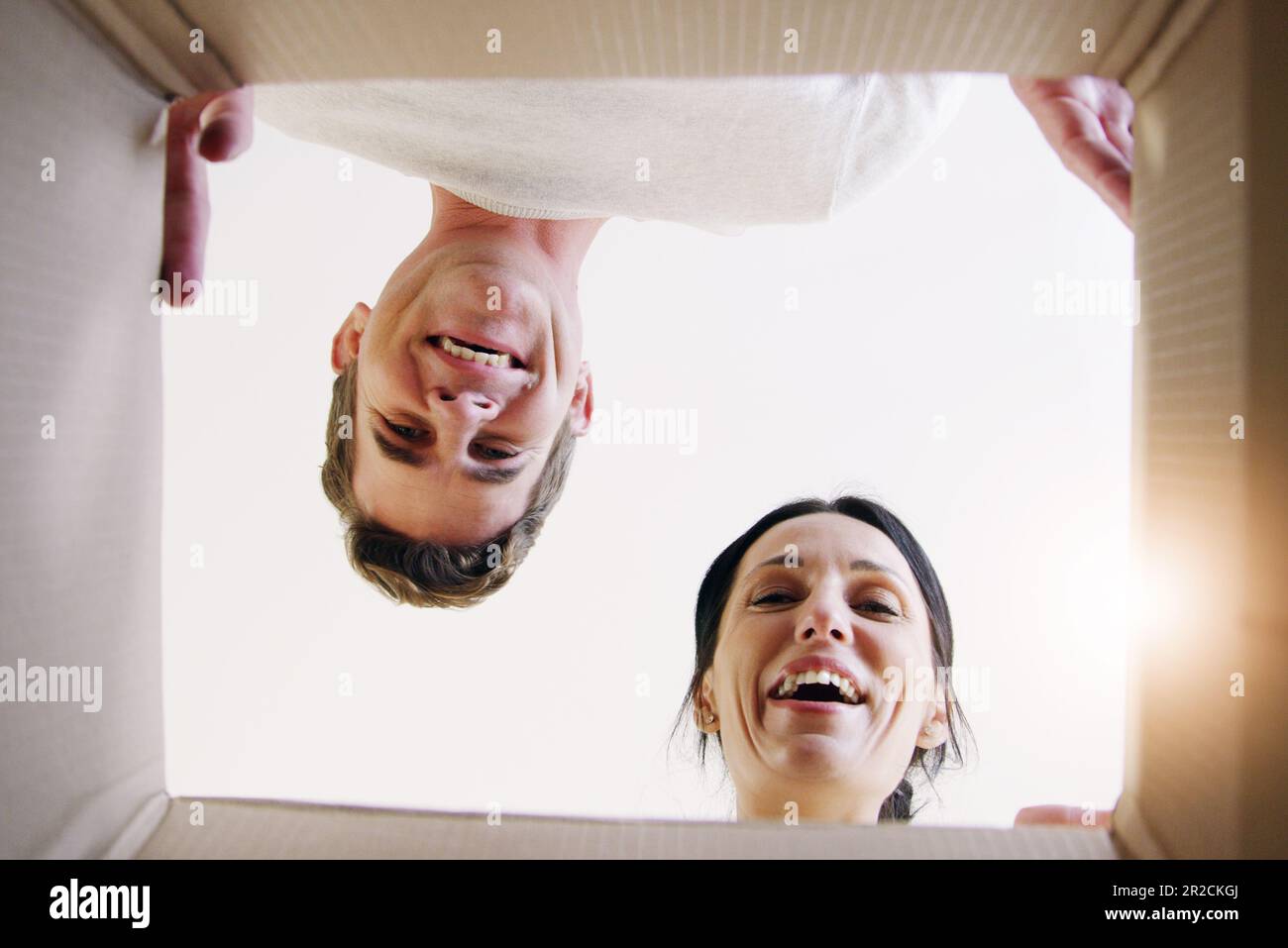 Moving box, couple portrait and cardboard opening gift for new home and ...