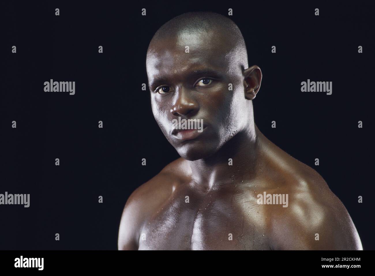 Bodybuilder, fitness and portrait of black man with sweat on dark ...