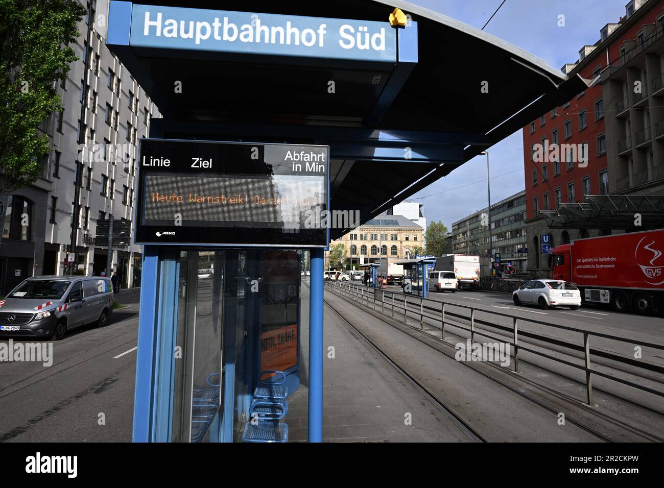 Munich, Germany. 19th May, 2023. "Warning strike today" can be read at ...