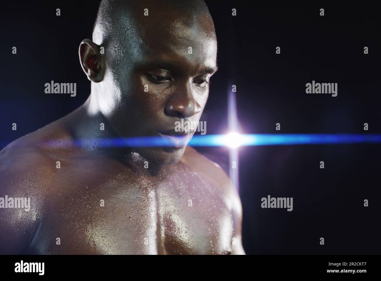 Thinking, fitness and face of black man with sweat on dark background ...
