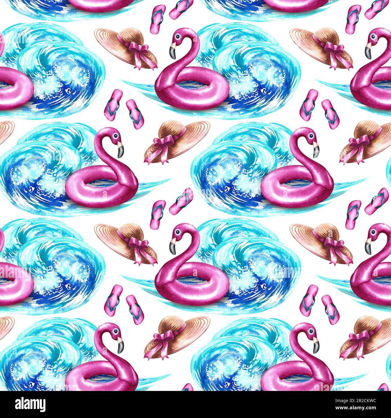 Seamless pattern with sea wave and beach holiday attributes. On a white ...