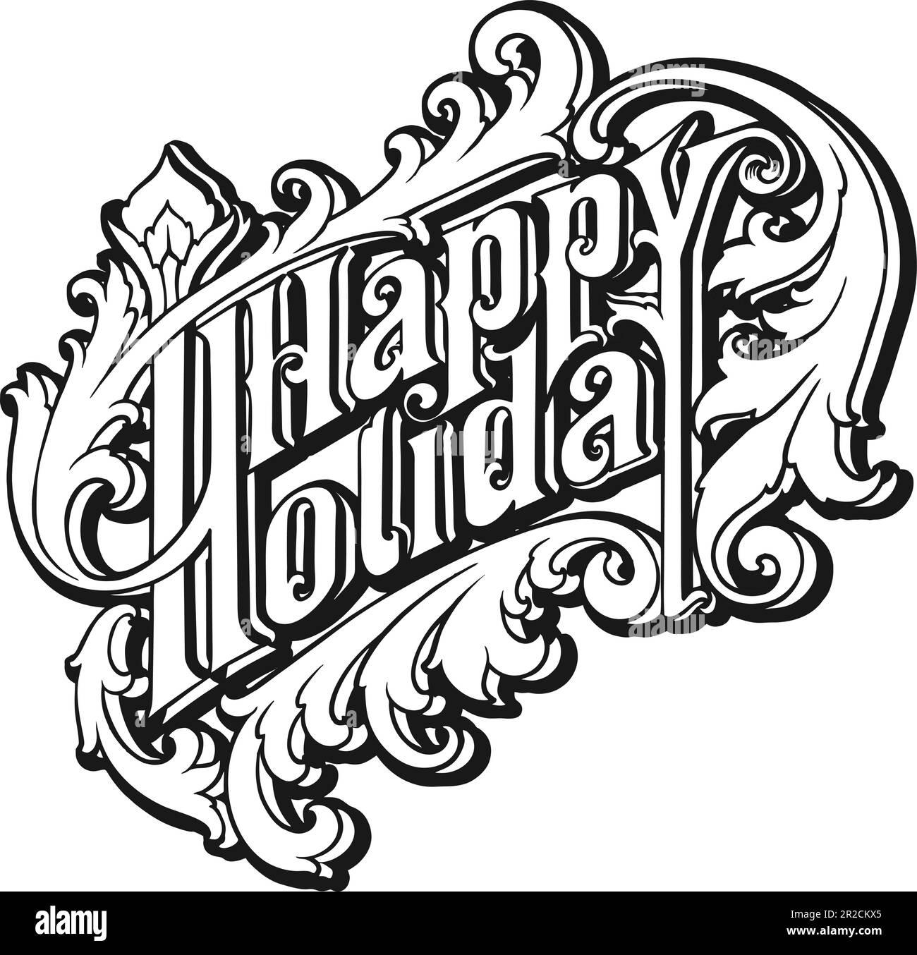 Happy holiday hand lettering word classic swirl elegant silhouette ...