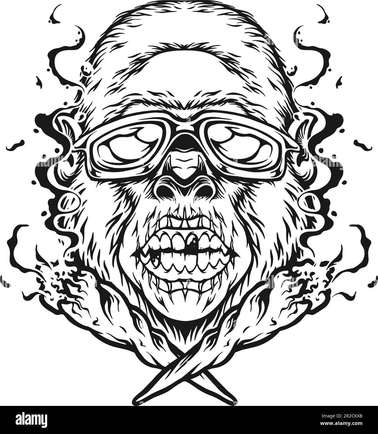 Scary funky zombie gorilla monster smoking marijuana logo illustration ...