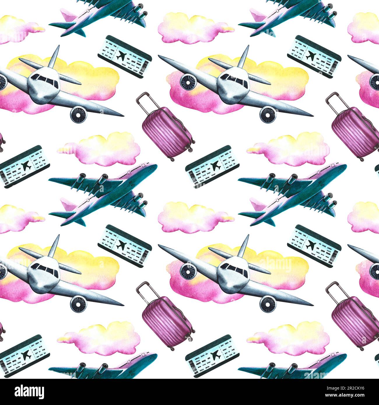 Seamless pattern with passenger planes, suitcases, tickets and clouds ...